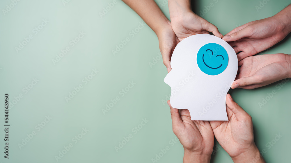 hands holding smile face in brain paper cut, happy smiley emotion and ...