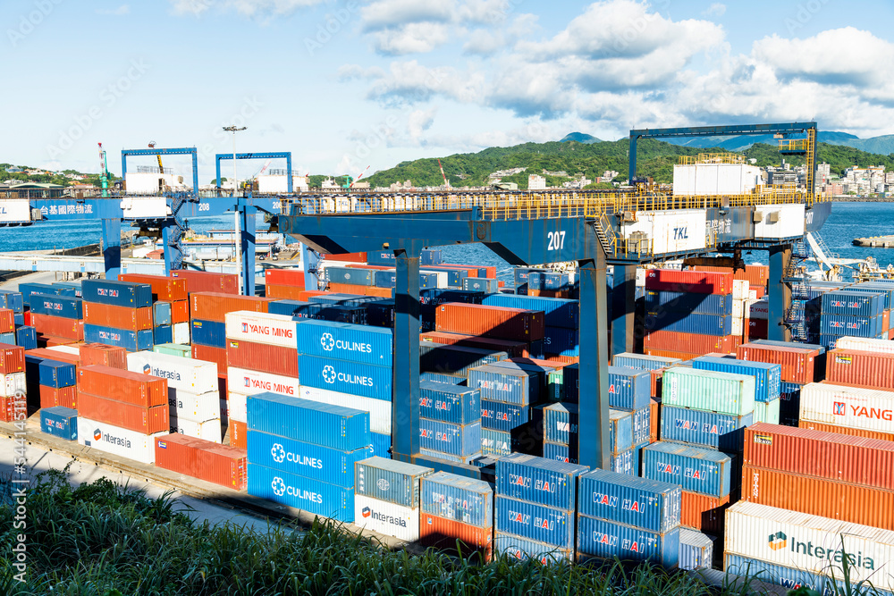 Keelung City, Taiwan- August 14, 2022: View of the container yard and ...