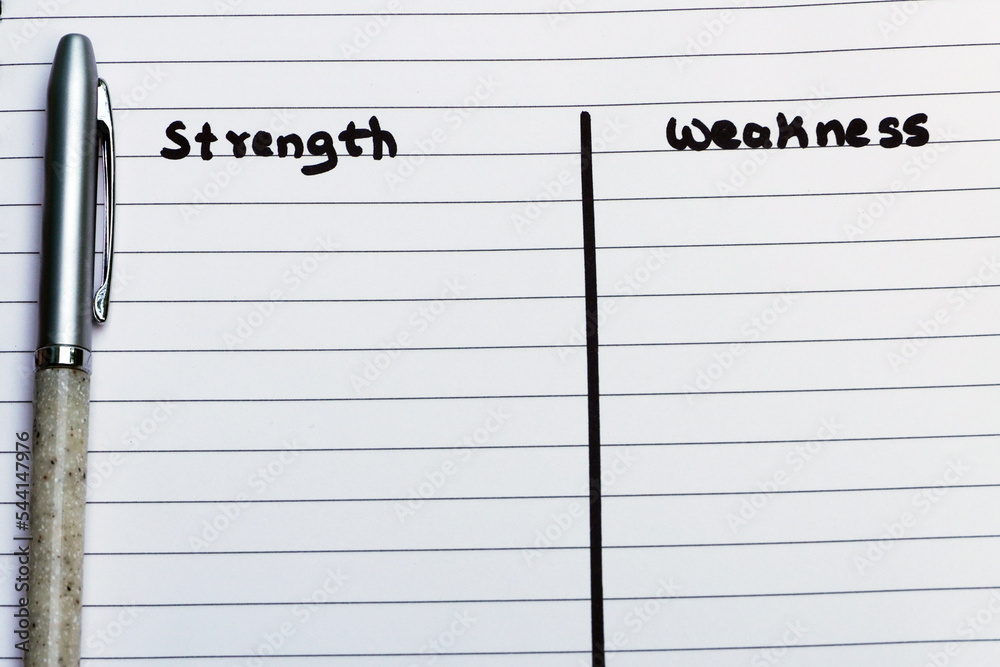 White notebook with pen and written text STRENGTH, WEAKNESS. Concept of ...