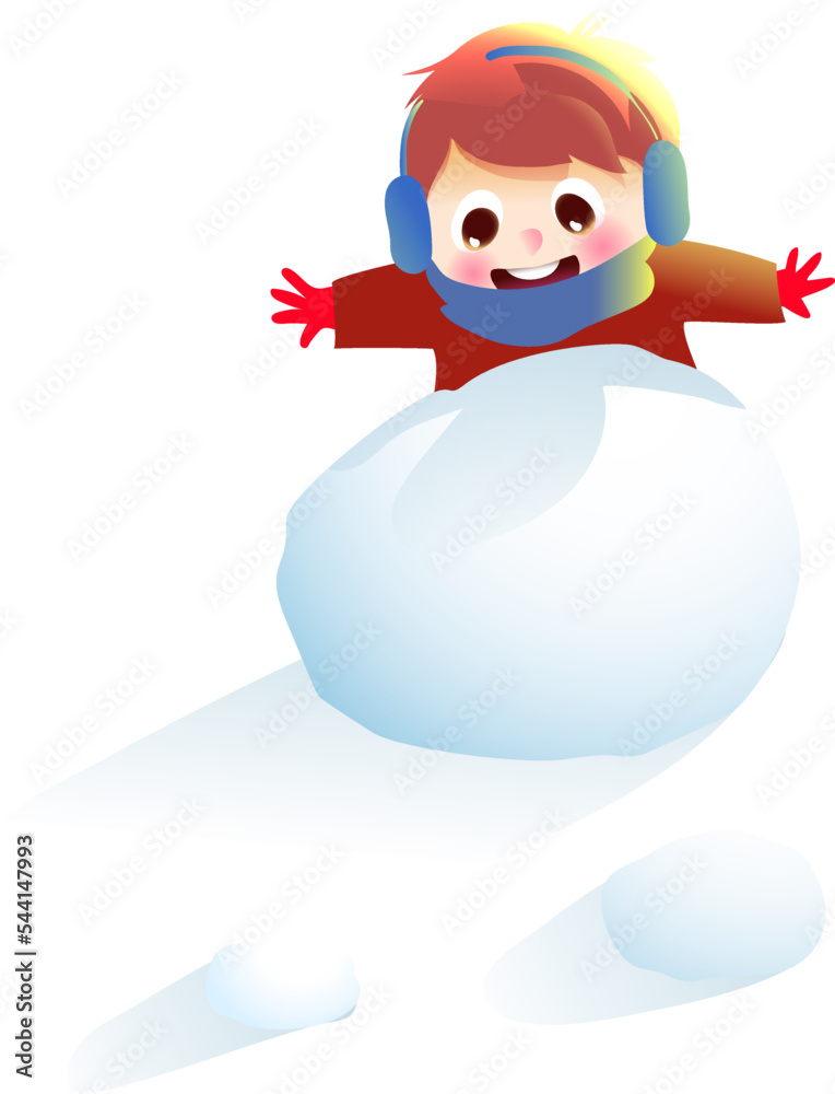 A child making a big snowball for snowman. Little boy playing in winter ...