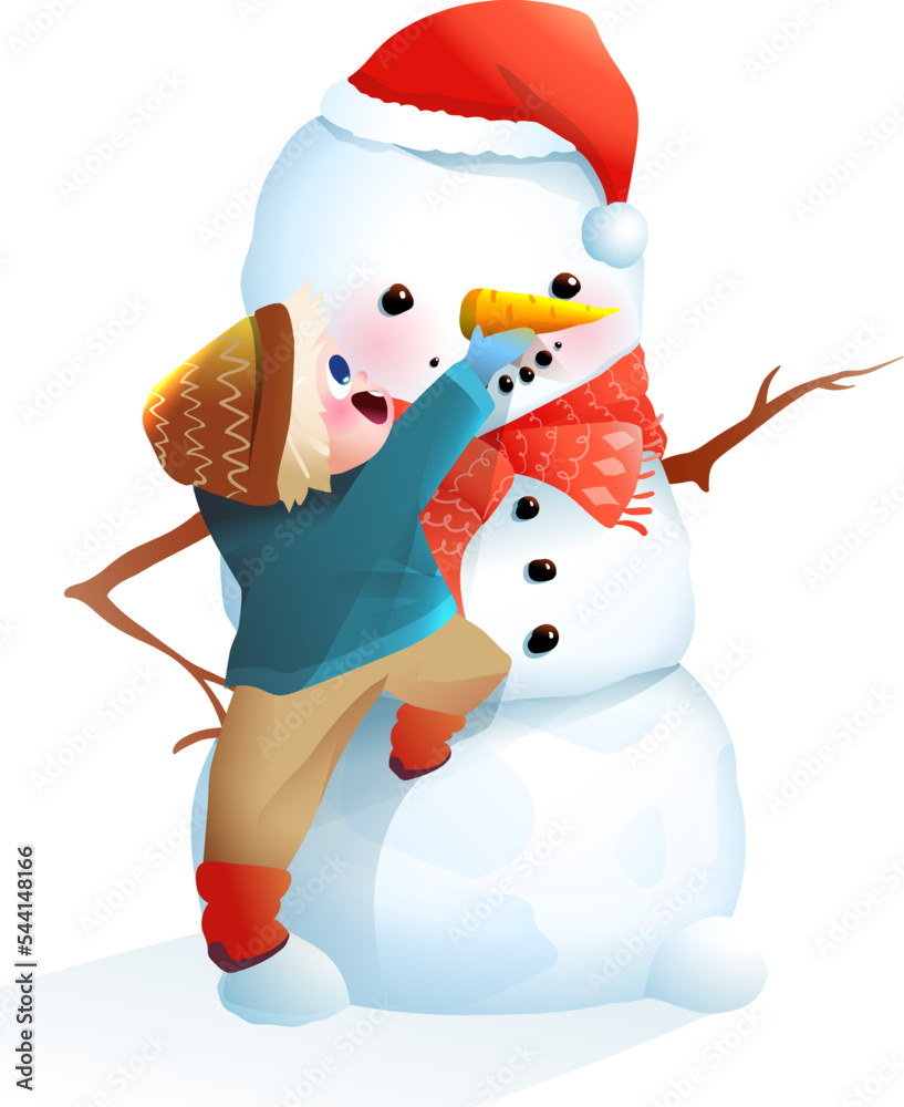 Little boy making a snowman with snow sticks and carrot. Child playing ...