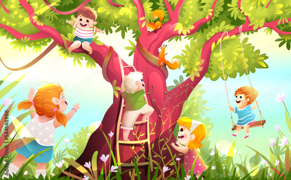 Children playing in a park, climbing a big tree swinging on swing ...