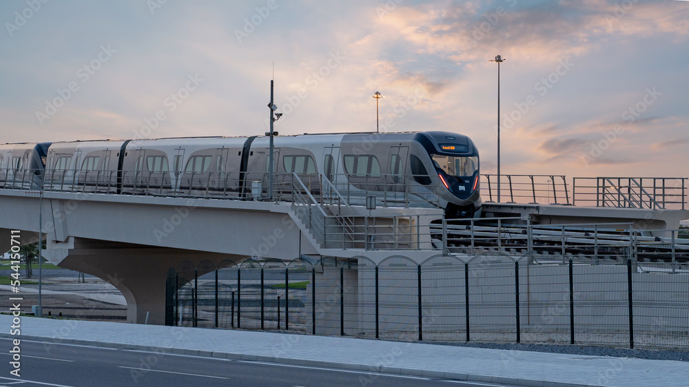 Doha, Qatar-October 06,2022:Qatar red line metro traveling through the ...