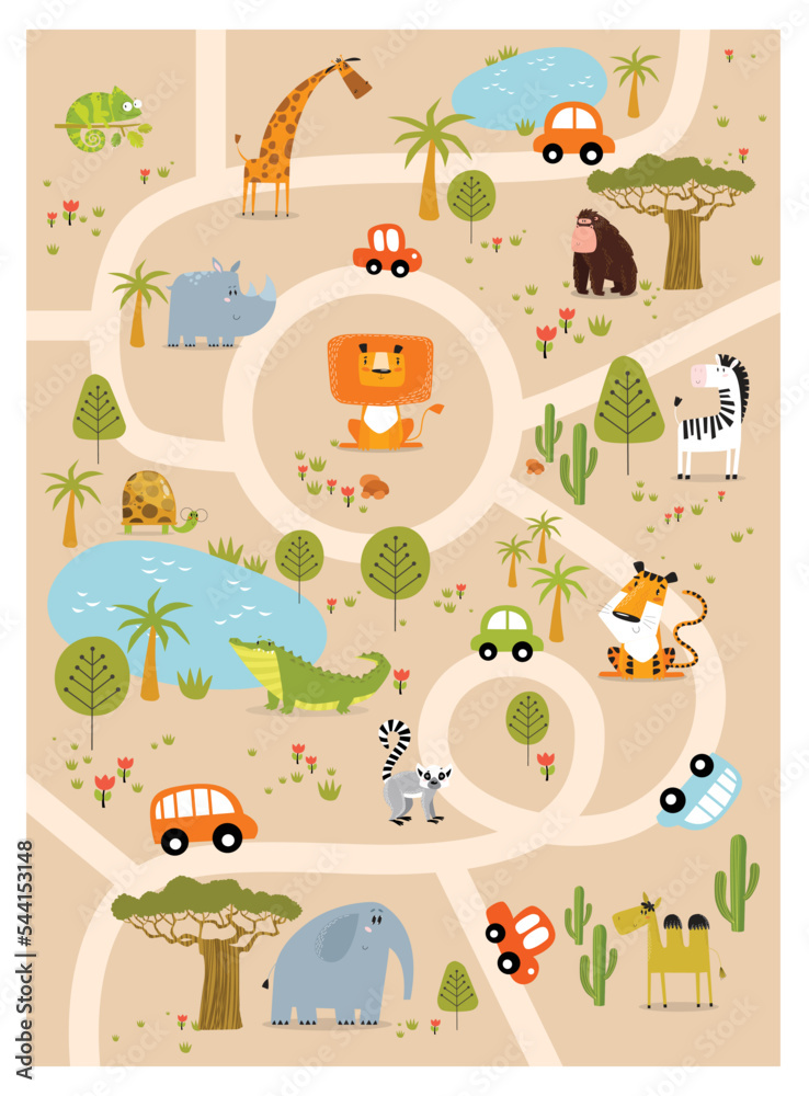 Print. Play mat for kids with safari animals. Vector tropical maze with ...