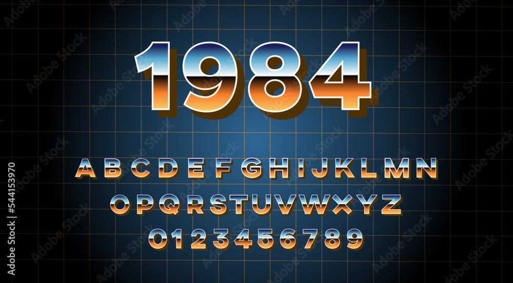 Retro gradient iron font. Metallic letters and numbers on grid 80's ...