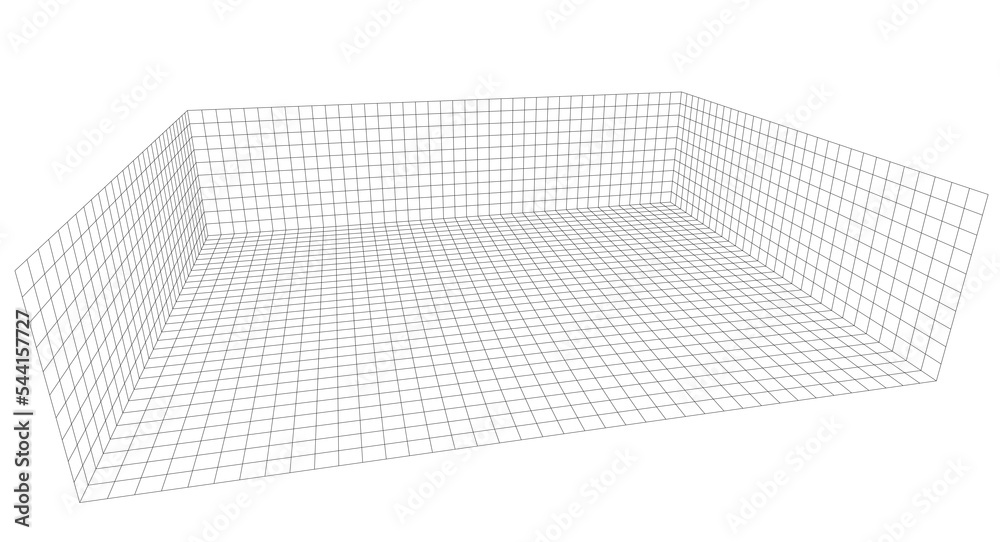drawing of a room with a view of the walls and floor. 3d grid with ...