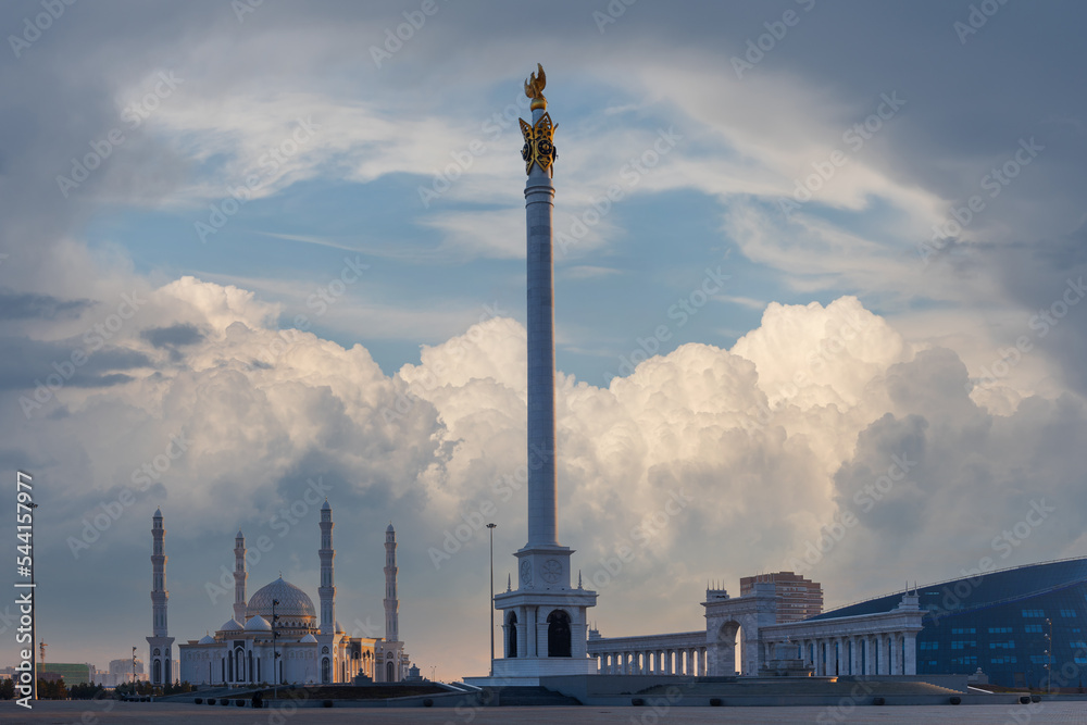 The monument "Kazakh Eli" ("Kazakh country") with the mythical bird ...
