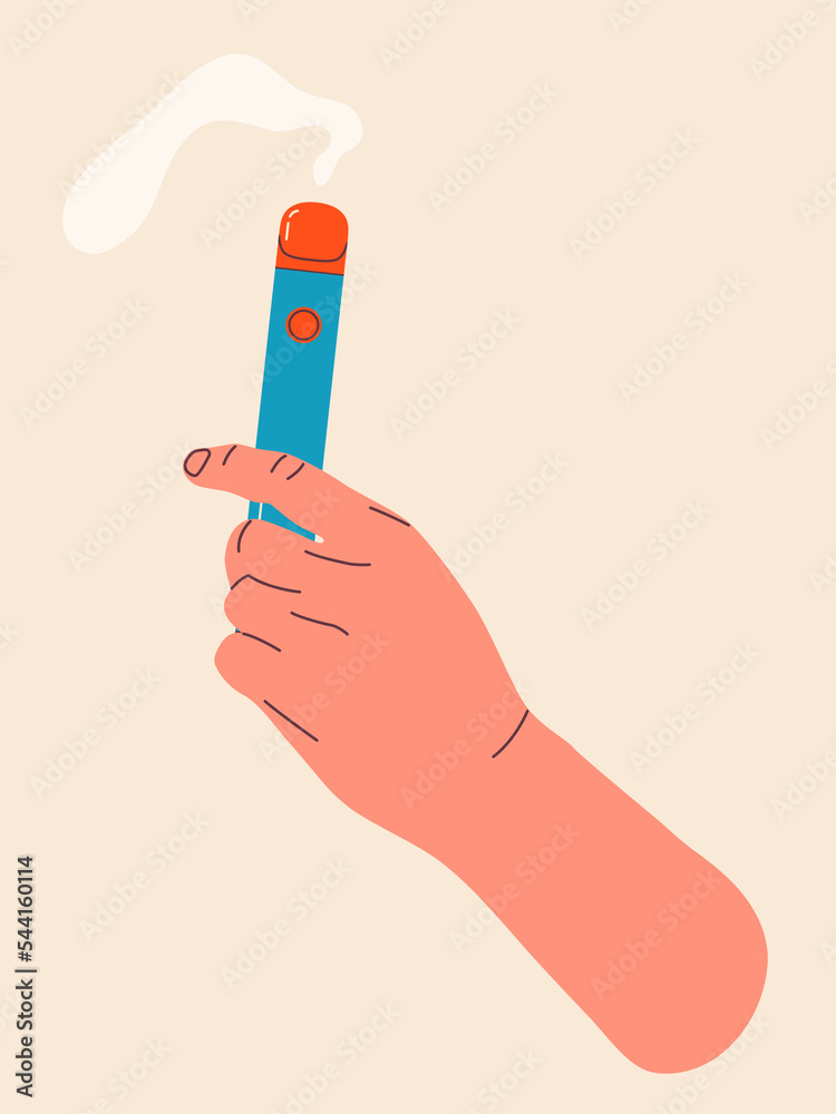 Man's hand holding vape, colorful illustration. Electronic cigarettes ...