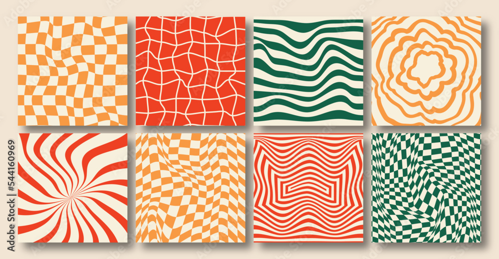 Vector set of Groovy Christmas social media backgrounds. Checkerboard, chessboard, mesh, waves ...