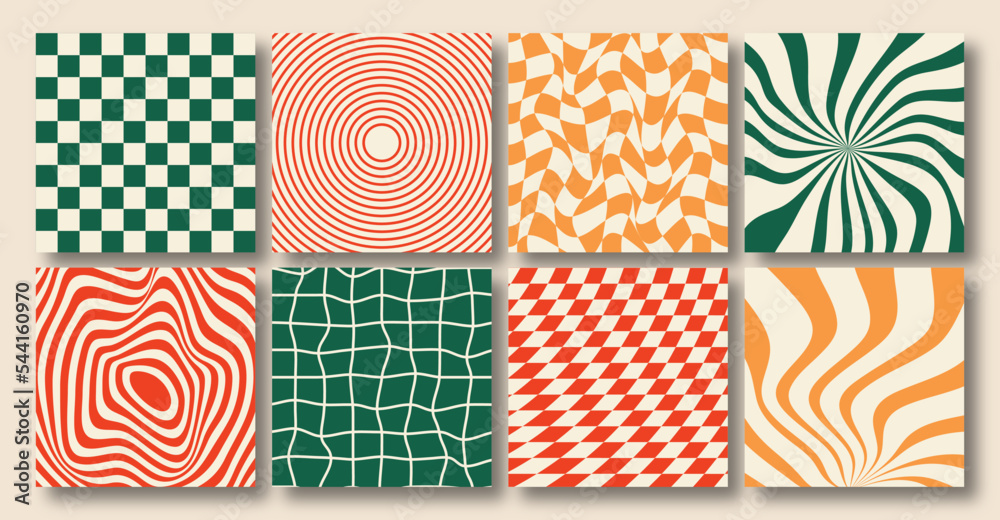 Vector set of Groovy Christmas social media backgrounds. Checkerboard, chessboard, mesh, waves ...