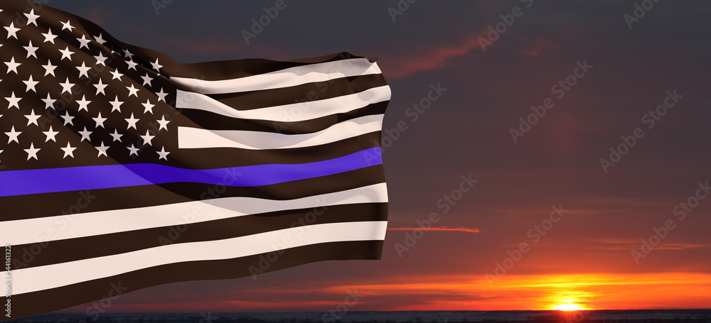 American flag with police support symbol Thin blue line on sunset sky ...