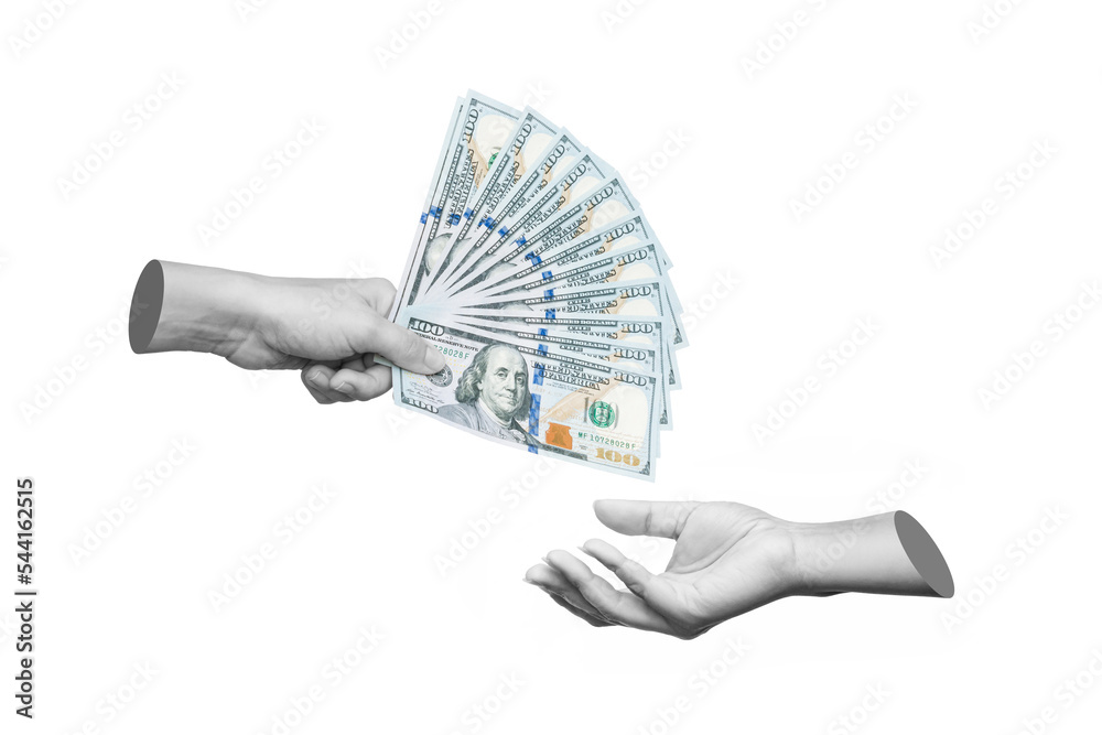 Female hand holding wad of hundred-dollar cash bills passing it on to ...