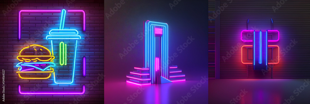 Made from neon icons, logos and sings, glowing light lines background ...