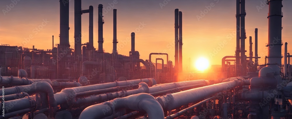 Large industrial gas pipelines in a modern refinery at sunrise 3d ...