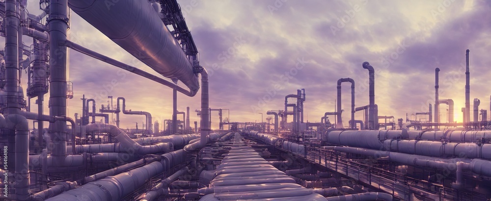 Large industrial gas pipelines in a modern refinery at sunrise 3d ...