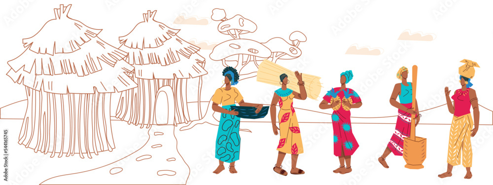 African family in front of village hut with thatched roof, flat vector illustration. Banner ...