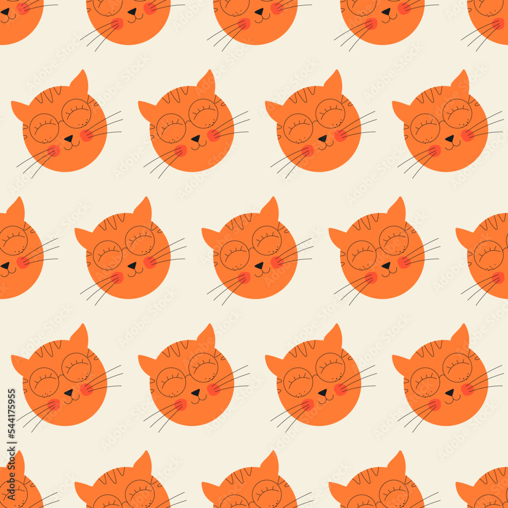 Abstract simple cat face seamless pattern. Ginger smiling cute red ...