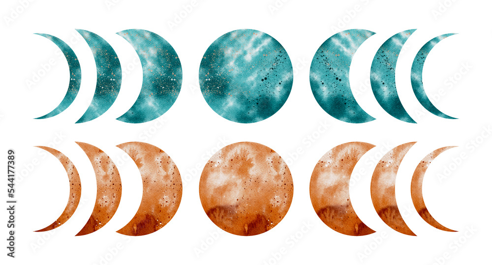 Watercolor phases of the moon. Hand painted illustration set isolated ...