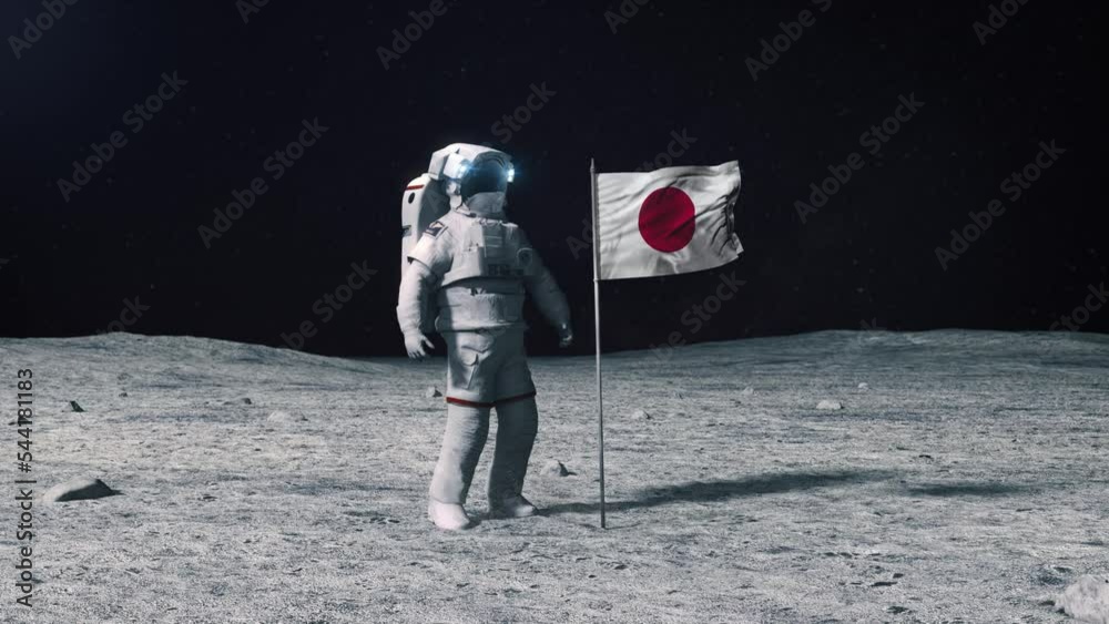 Astronaut in outer space on the surface of the moon. Planting Japan ...
