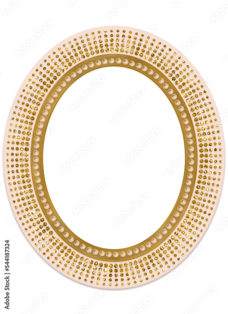 Oval frame with gold and pearls in a light pink background. For wedding ...