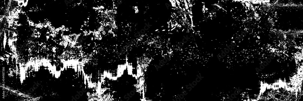 Grunge hatching brush white splatter strokes on black banner. Scratched ...