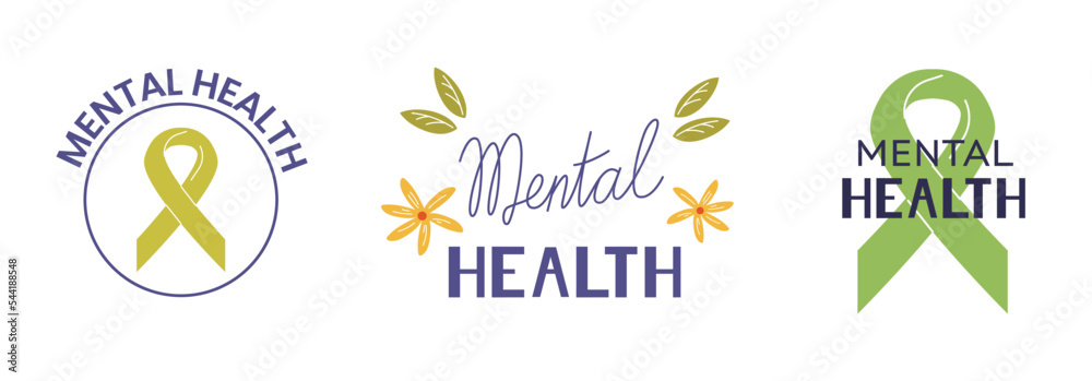 Mental health labels and lettering for world mental health day vector ...