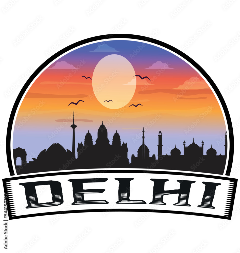 Delhi India Skyline Sunset Travel Souvenir Sticker Logo Badge Stamp ...