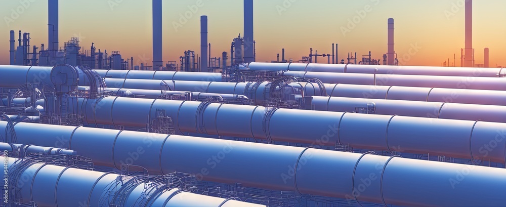 Large industrial gas pipelines in a modern refinery at sunrise 3d ...