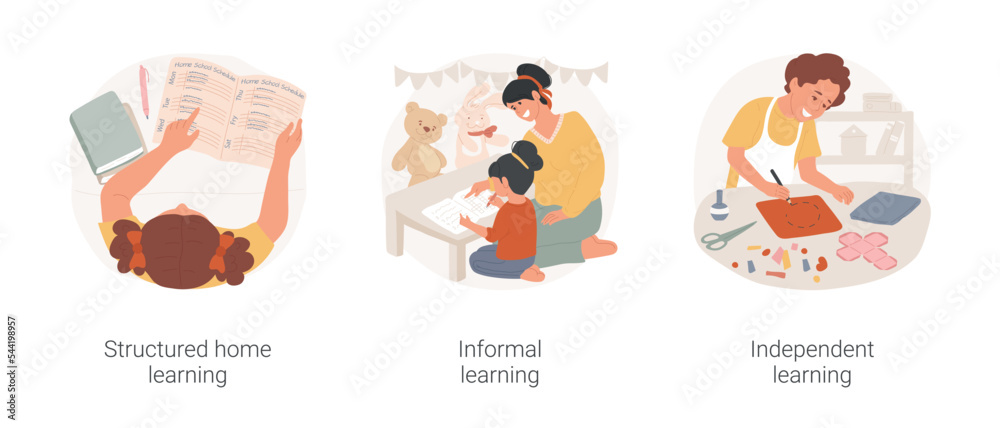 Homeschooling teaching methods isolated cartoon vector illustration set ...
