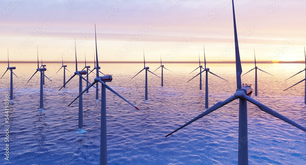 8K ULTRA HD. Offshore wind turbines farm on the ocean. Sustainable ...