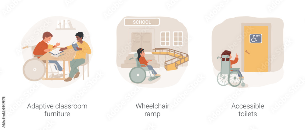 Inclusive school environment isolated cartoon vector illustration set ...