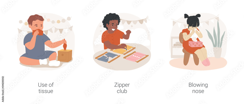 Self care development in Montessori method isolated cartoon vector ...