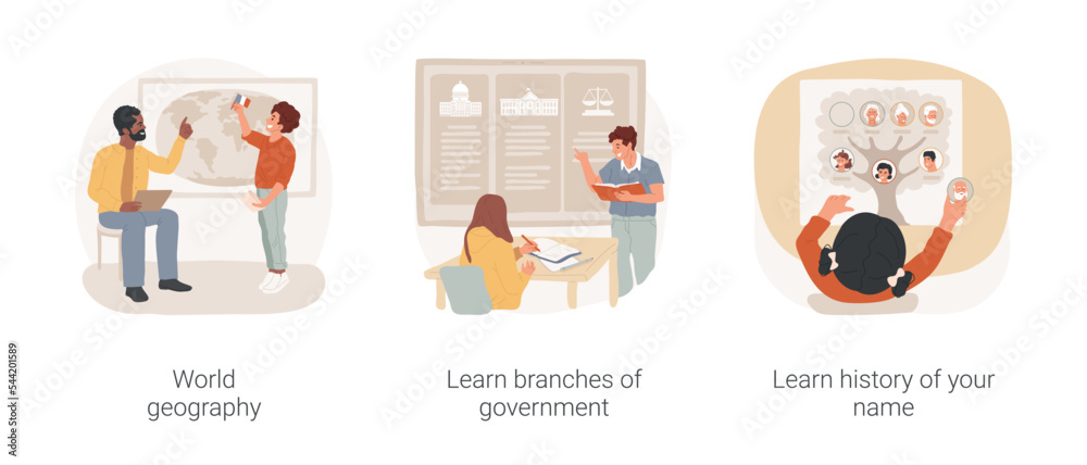 Social studies curriculum isolated cartoon vector illustration set ...