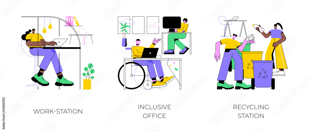 Office design and interior isolated cartoon vector illustrations set ...