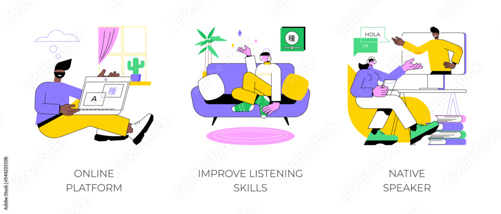 Foreign Language Distance Learning Isolated Cartoon Vector Illustrations Set Online Language