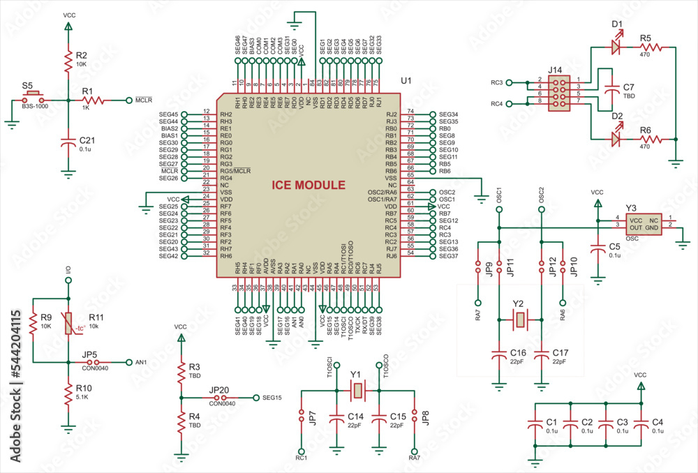 Vector electrical schematic diagram of an digital electronic device with lcd, operating under ...