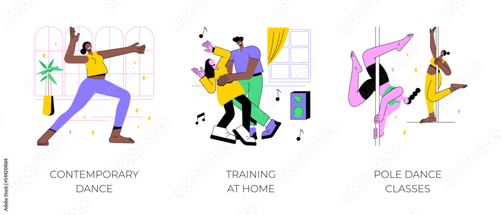 Dancing classes isolated cartoon vector illustrations set. Contemporary ...