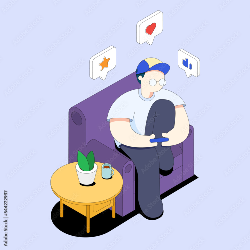 isometric illustration of a guy scrolling social media Stock Vector ...