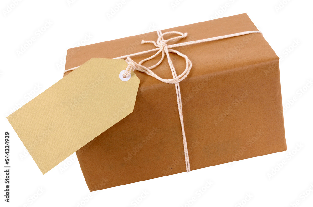Small brown paper package parcel with blank manila label isolated ...