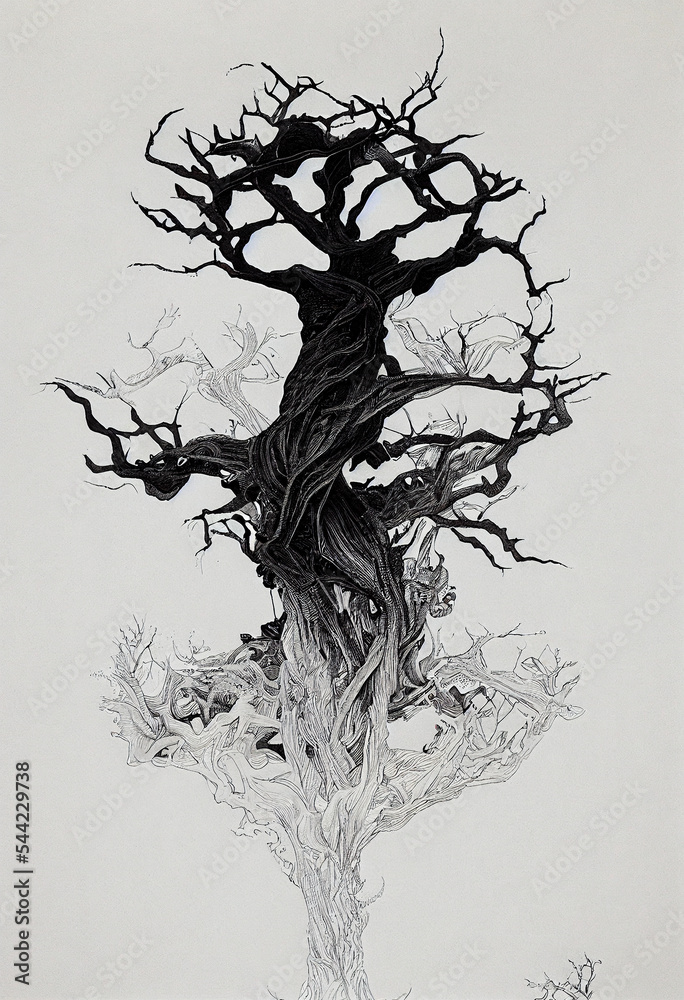 ancient black tree with twisted branches and roots, painted in Indian ...