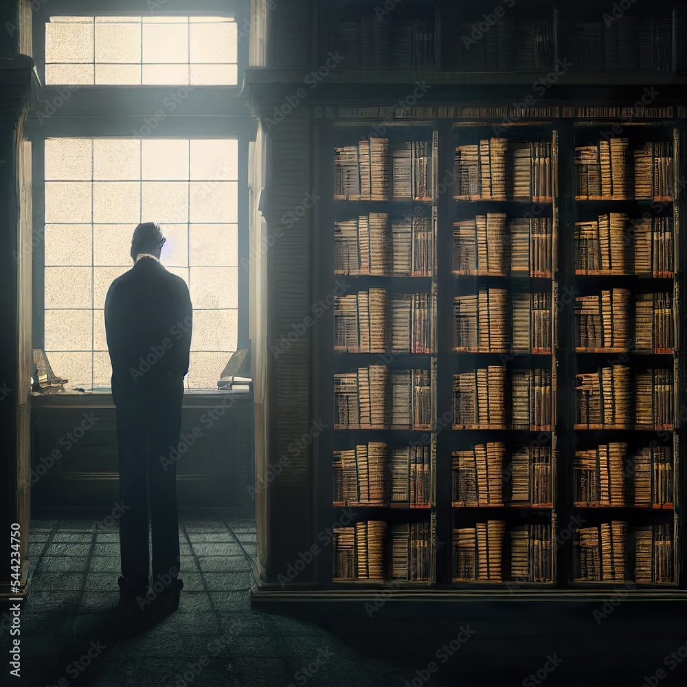 man standing in a mysterious fantasy library, moody, cinematic lighting ...