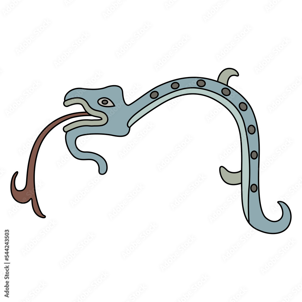 Fantastic snake or dragon with protruded forked tongue. Ancient Mexican ...