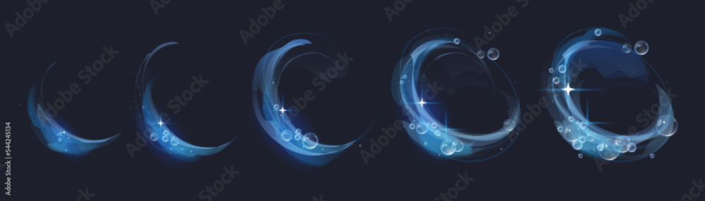 Round blue swirls, splash of water with bubbles isolated on black ...