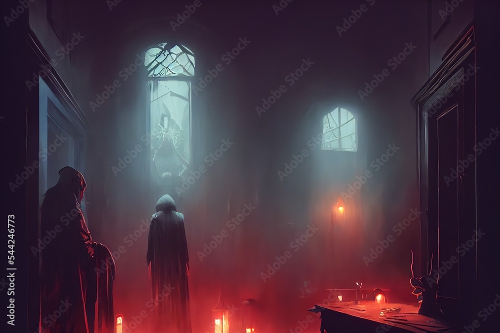 Cultists Performing a Dark Ritual in a Cursed Horror House. Candles ...