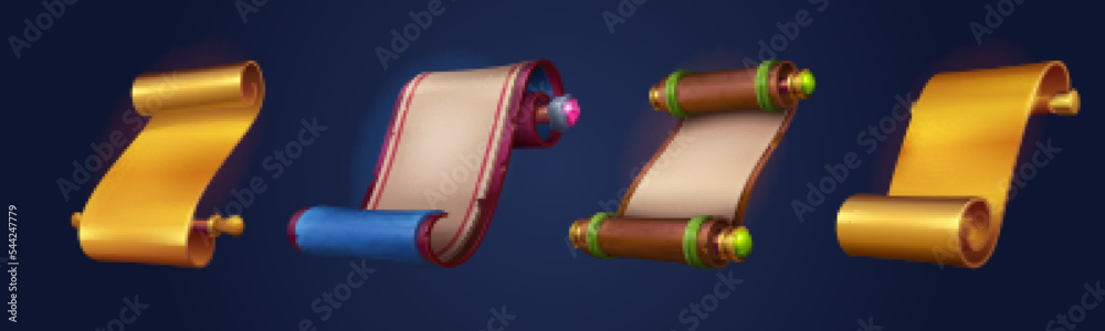 Luxury scrolls of parchment and golden silk sheets. Medieval rolled up ...