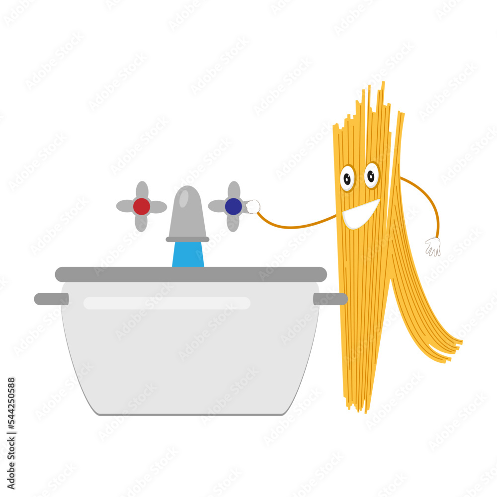 cartoon pasta fills a pot with water. funny pasta.vector illustration ...
