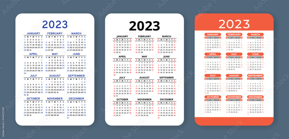 Calendar 2023 year set. English vector set. Vertical wall or pocket ...