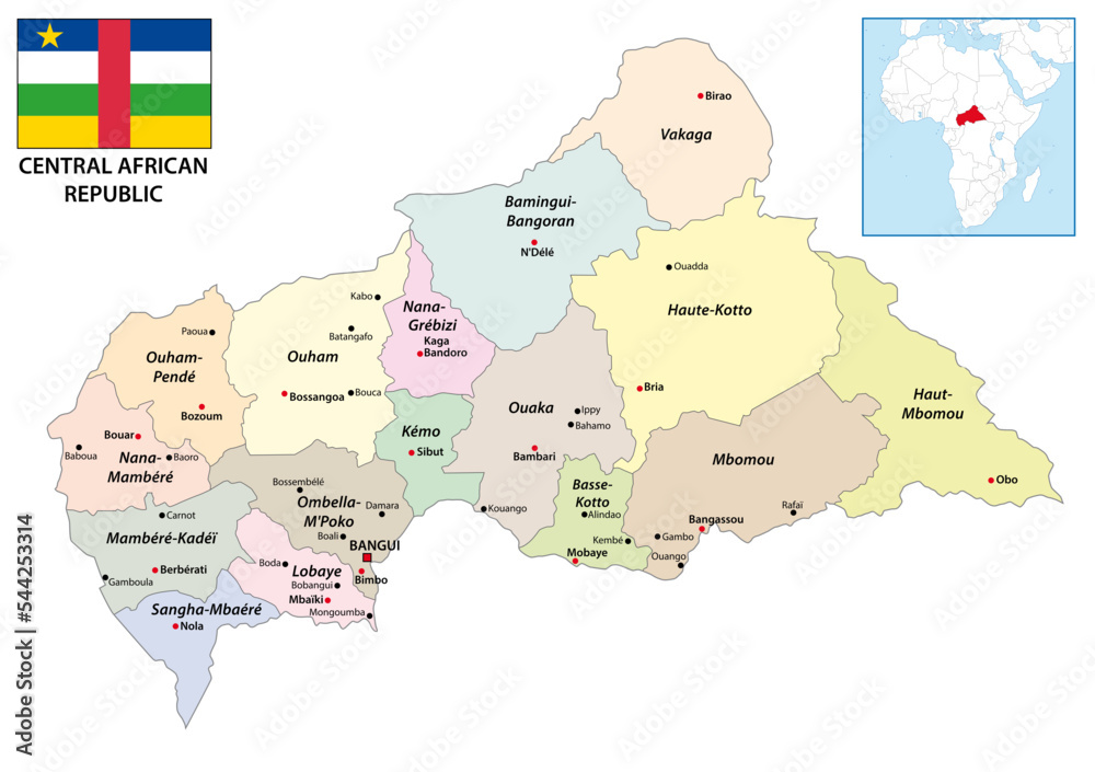 Administrative map of the Central African Republic with a flag Stock Vector | Adobe Stock