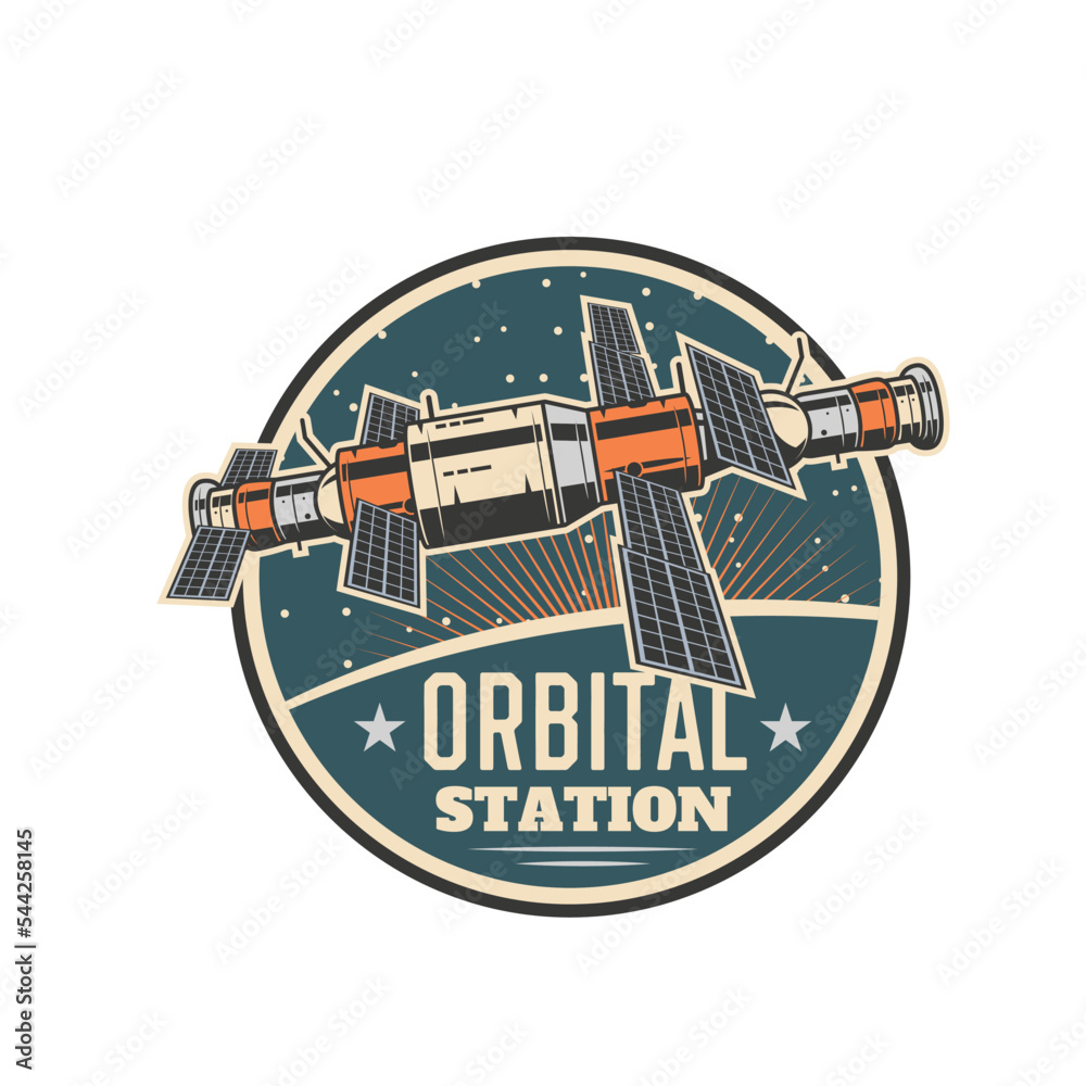 Cosmodrome icon, orbital station spaceship in outer space, galaxy research satellite, vector ...