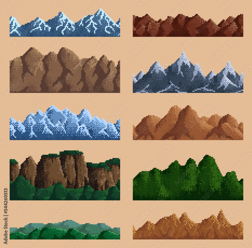 8bit pixel game mountains and hills. Vintage console, indie pixel game ...